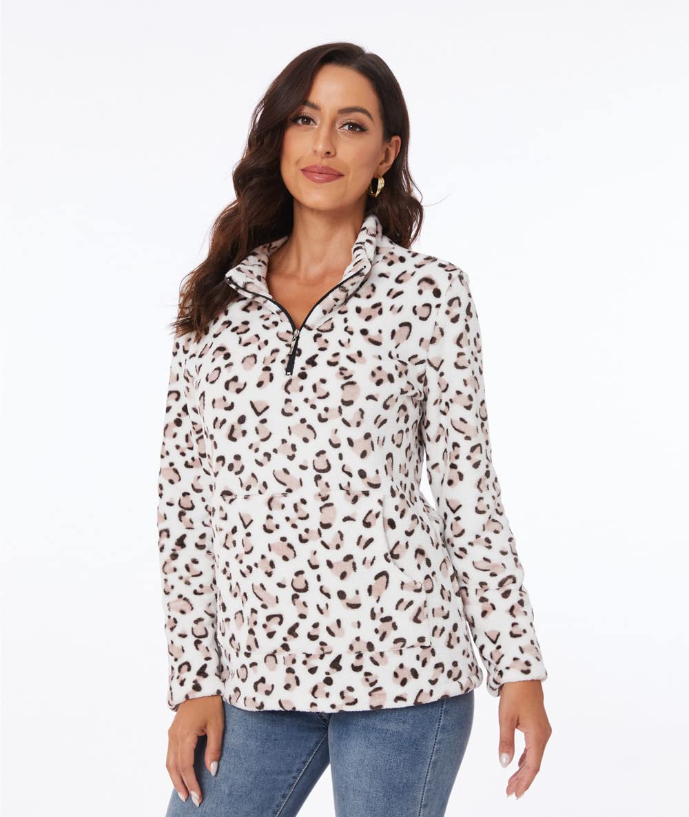 P&A Fashion Women's Long Sleeve Leopard Print Sweatshirt V Neck Quarter Zip Fleece Pullover Tops (XX-Large, White 1)