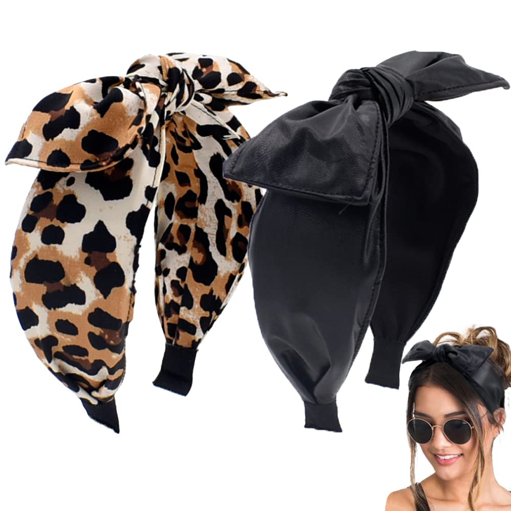 BEGOOD Headbands with Bow - Black Leather Knotted Headband, Leopard Wide Turban Hair Accessories for Women and Girls, 2Pcs