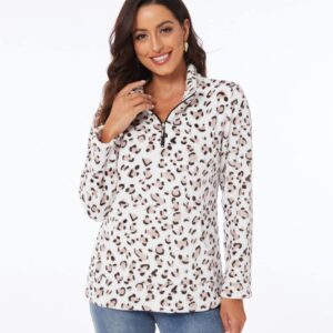 P&A Fashion Women's Long Sleeve Leopard Print Sweatshirt V Neck Quarter Zip Fleece Pullover Tops (XX-Large, White 1)