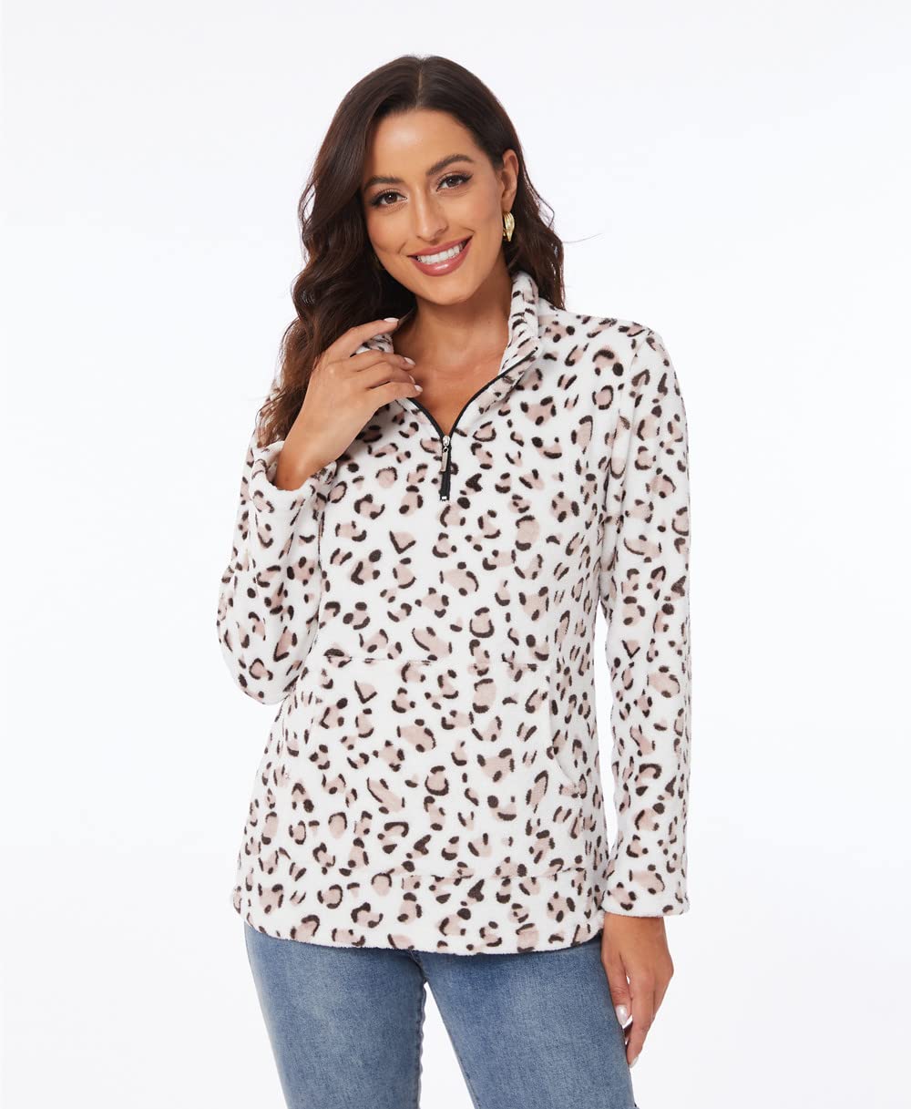 P&A Fashion Women's Long Sleeve Leopard Print Sweatshirt V Neck Quarter Zip Fleece Pullover Tops (XX-Large, White 1)