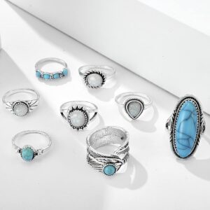 Xerling 8Pcs Boho Girls Crystal Knuckle Ring Set Gemstone Opal Joint Midi Finger Rings Oval Turquoise Teardrop Leaf Rings for Women Gothic Retro Silver Rings