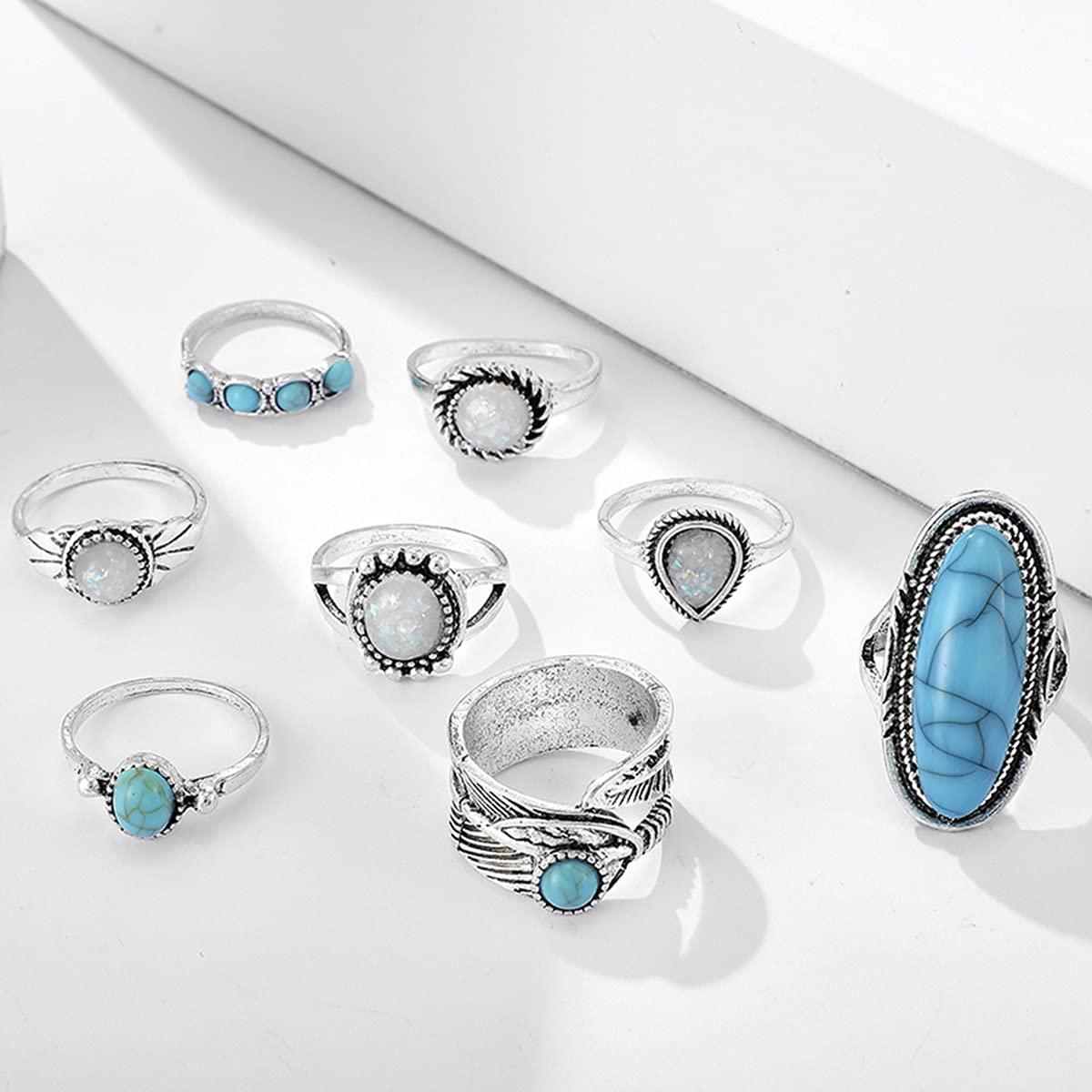 Xerling 8Pcs Boho Girls Crystal Knuckle Ring Set Gemstone Opal Joint Midi Finger Rings Oval Turquoise Teardrop Leaf Rings for Women Gothic Retro Silver Rings