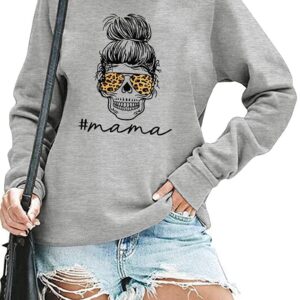 StarVnc Funny Mama Sweatshirt For Women Mom Life Leopard Skull Graphic Shirt Casual Long Sleeve Pullover Tops, Grey