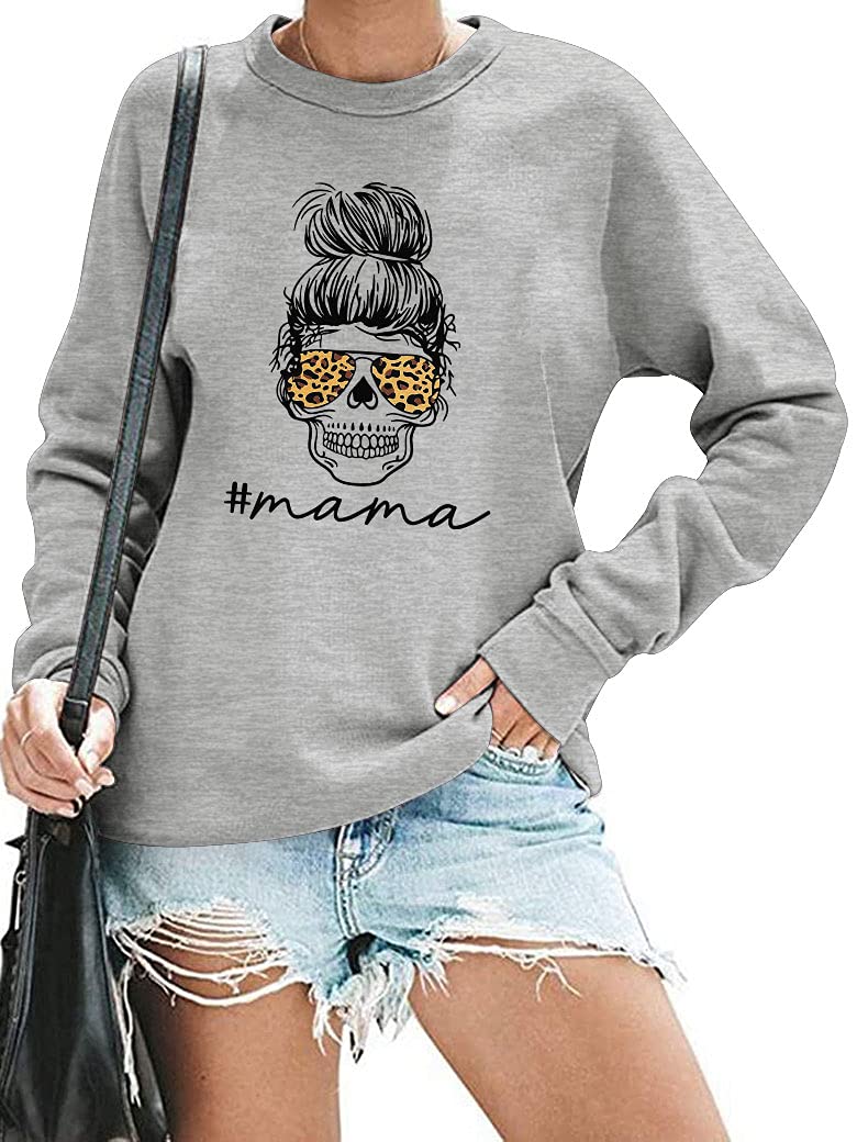 StarVnc Funny Mama Sweatshirt For Women Mom Life Leopard Skull Graphic Shirt Casual Long Sleeve Pullover Tops, Grey