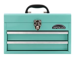 apollo tools 14 inch steel tool box with deep top compartment and 2 drawers in heavy-duty steel with ball bearing opening and powder coated finish - aqua green - dt5010-gr