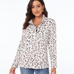 P&A Fashion Women's Long Sleeve Leopard Print Sweatshirt V Neck Quarter Zip Fleece Pullover Tops (XX-Large, White 1)