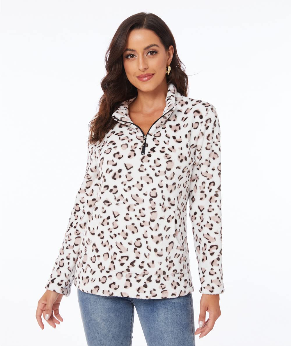 P&A Fashion Women's Long Sleeve Leopard Print Sweatshirt V Neck Quarter Zip Fleece Pullover Tops (XX-Large, White 1)