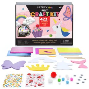 arteza kids felt kit, 422 pieces, 21 pre-cut glitter & glitz shapes, assorted felt sheets, glitter mini-pieces, chenille stems, and accessories, educational kids’ craft supplies to inspire creativity