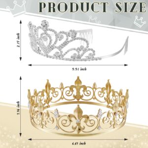 King Crown 2 Pcs Royal King Crown Metal Crystal Tiara Crown for Men Women Bridegroom Bride Princess for Wedding Halloween (Rhinestone Style)