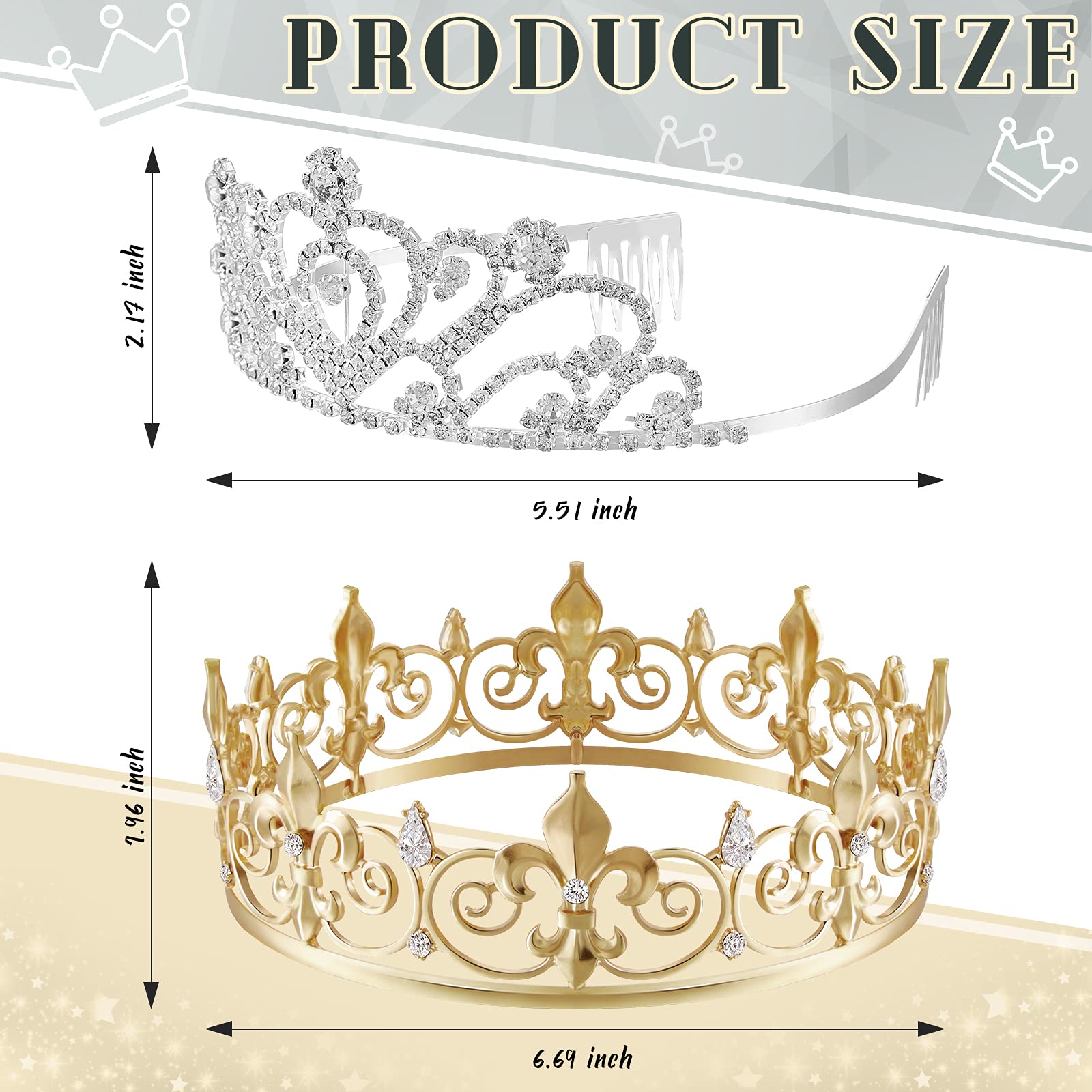 King Crown 2 Pcs Royal King Crown Metal Crystal Tiara Crown for Men Women Bridegroom Bride Princess for Wedding Halloween (Rhinestone Style)