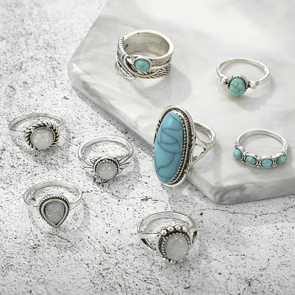 Xerling 8Pcs Boho Girls Crystal Knuckle Ring Set Gemstone Opal Joint Midi Finger Rings Oval Turquoise Teardrop Leaf Rings for Women Gothic Retro Silver Rings