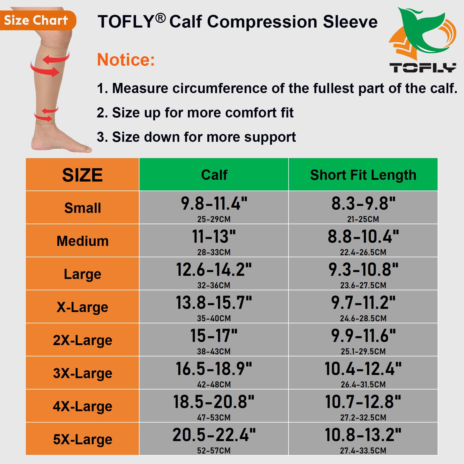 TOFLY® Calf Compression Sleeve for Men & Women, 1 Pair, Footless Compression Socks 20-30mmHg for Leg Support, Shin Splint, Pain Relief, Swelling, Varicose Veins, Maternity, Nursing, Short Beige S