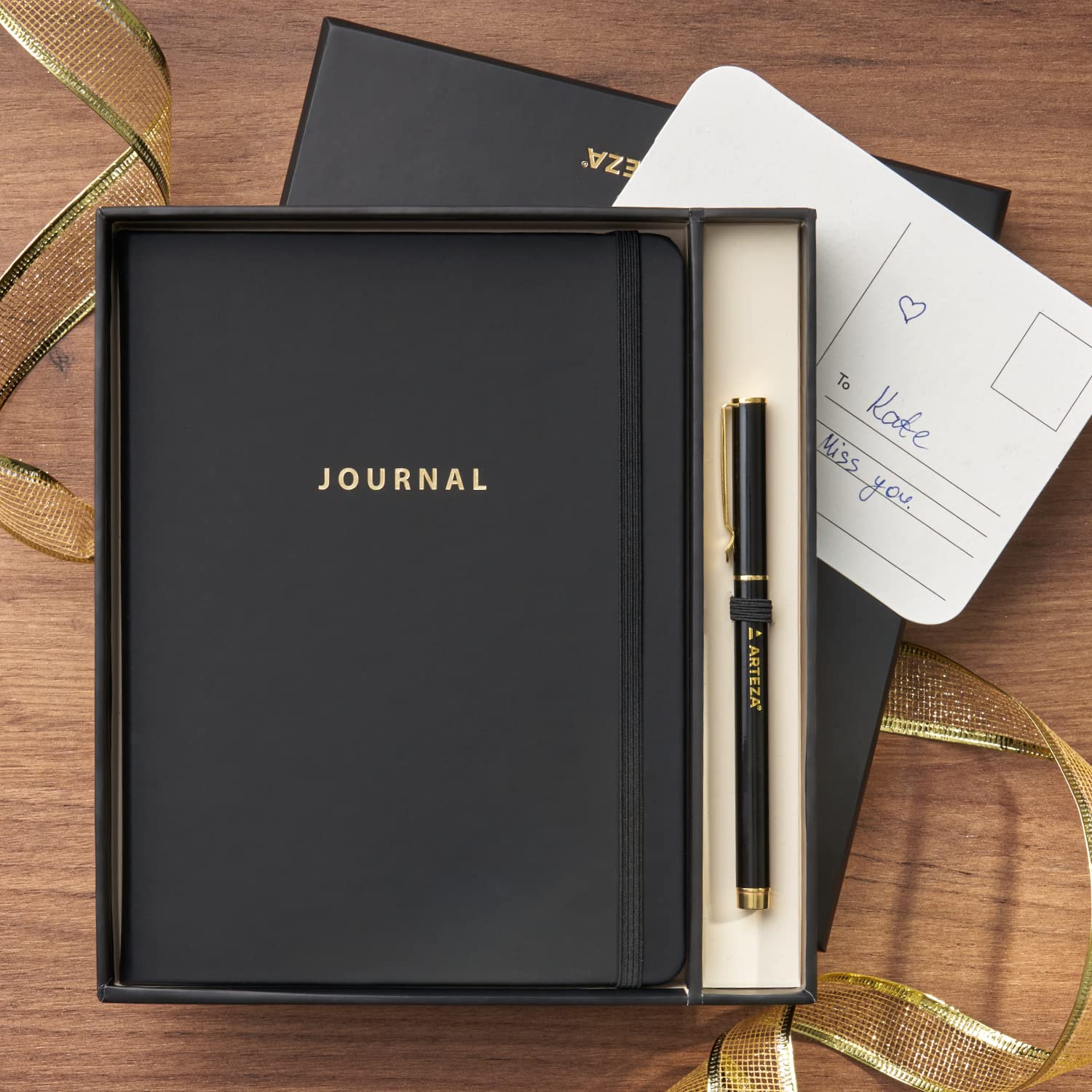 Arteza Journal Gift Set, 6 x 8 Inches, 96-Sheet Notebook with Double-Sided Lined Paper and 1 Black Ink Pen, Black Design, Office Supplies for Graduates, Students, and Teachers