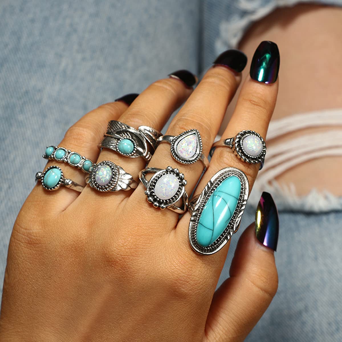 Xerling 8Pcs Boho Girls Crystal Knuckle Ring Set Gemstone Opal Joint Midi Finger Rings Oval Turquoise Teardrop Leaf Rings for Women Gothic Retro Silver Rings