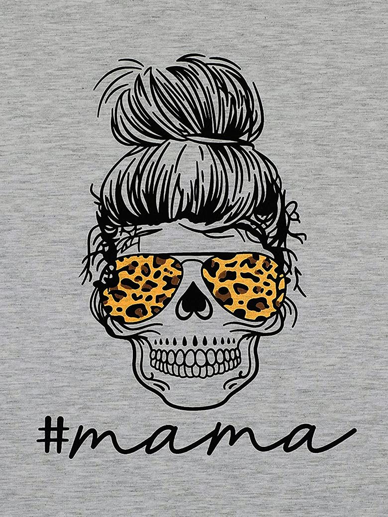 StarVnc Funny Mama Sweatshirt For Women Mom Life Leopard Skull Graphic Shirt Casual Long Sleeve Pullover Tops, Grey