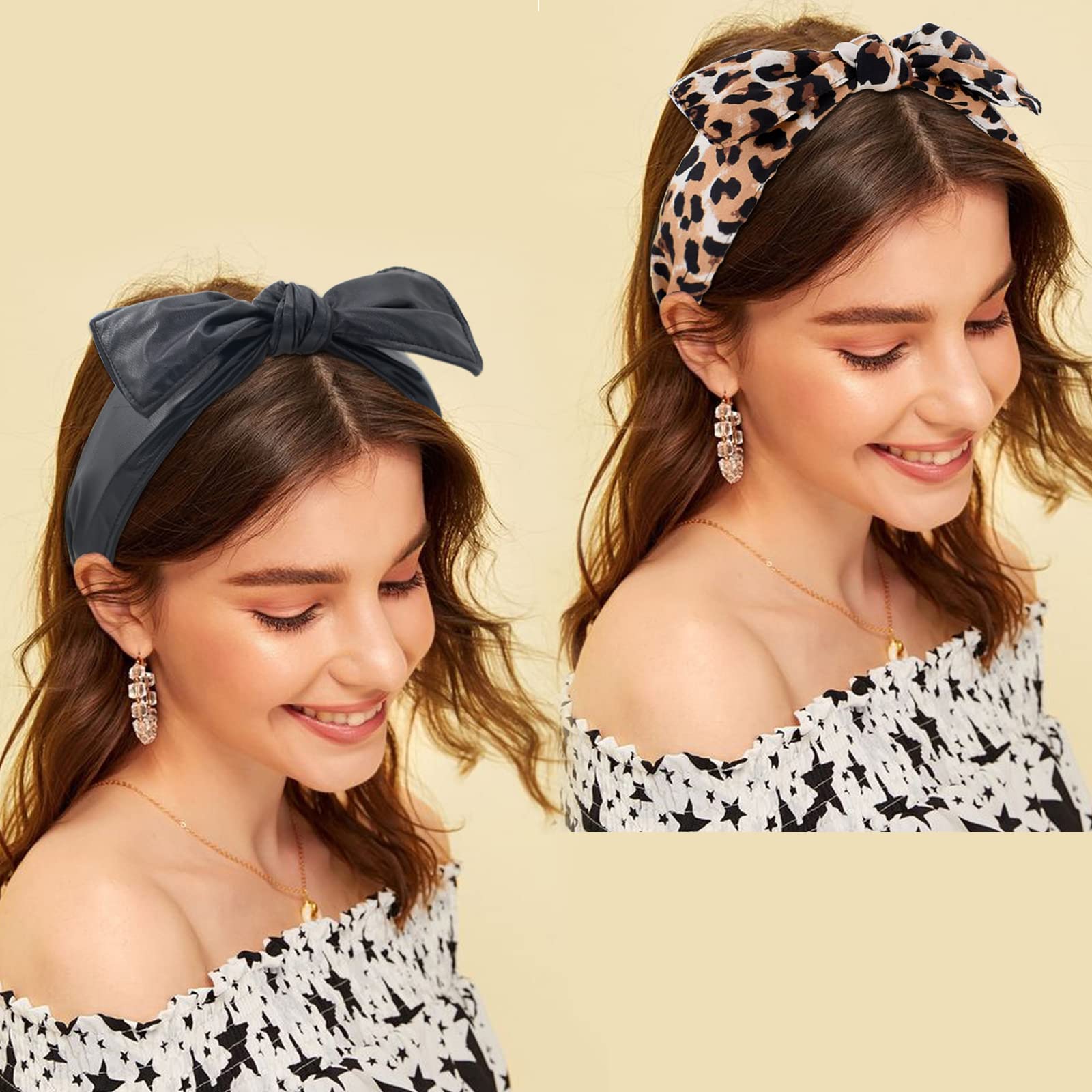 BEGOOD Headbands with Bow - Black Leather Knotted Headband, Leopard Wide Turban Hair Accessories for Women and Girls, 2Pcs