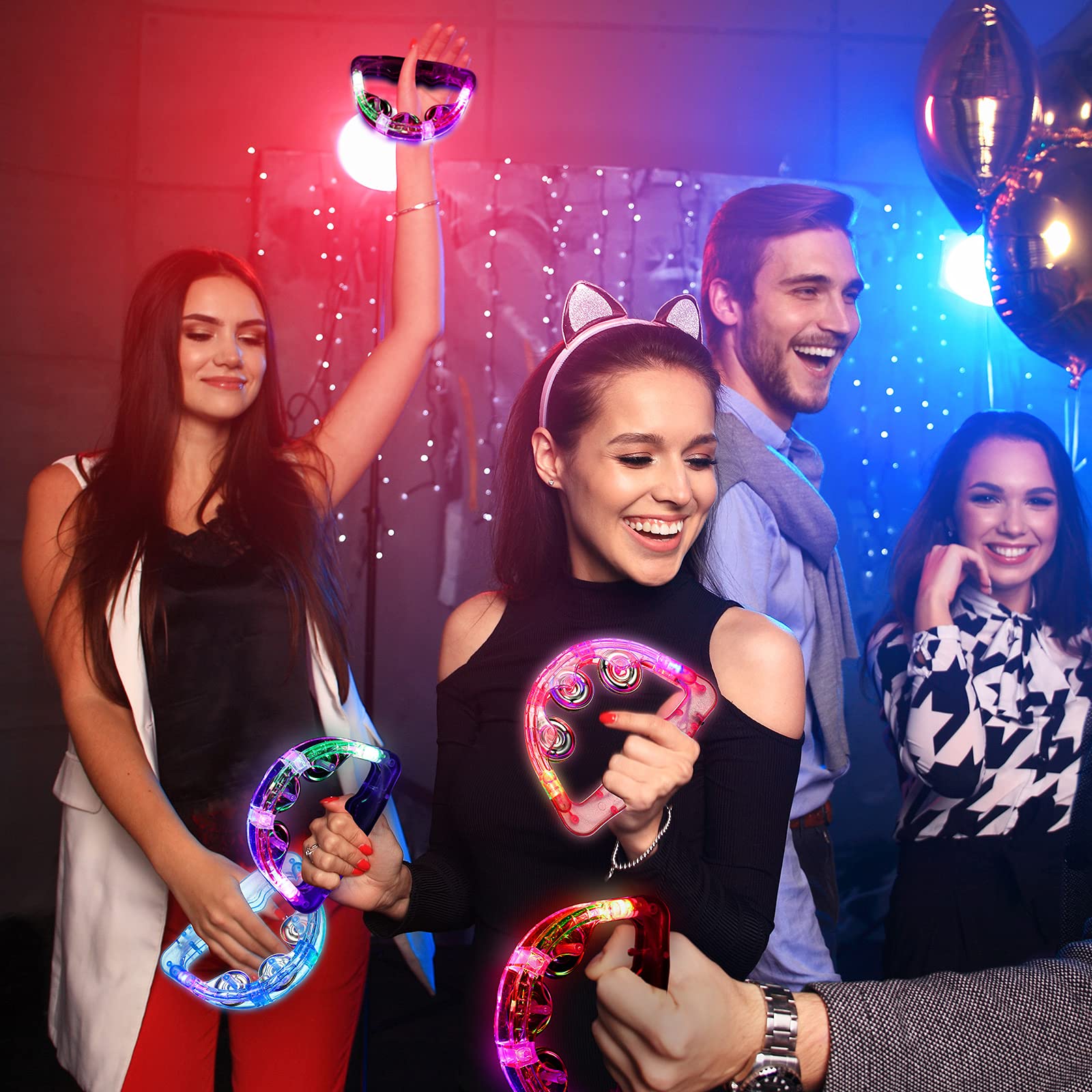 12 Pieces Light Up Tambourine LED Flashing Tambourine Musical Flashing Tambourine Handheld Percussion Instrument Glow Tambourines for Adults Wedding Party Toys(White)