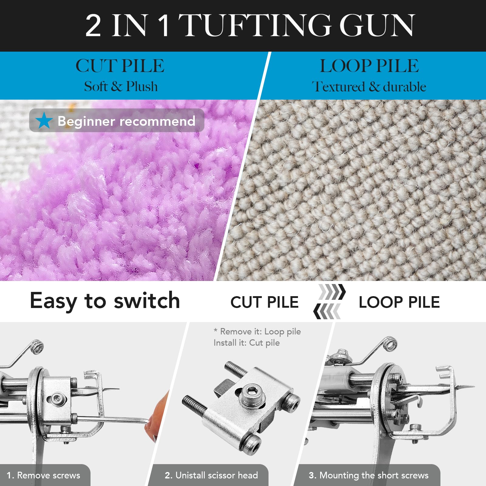 Tufting Gun 2 in 1 Cut Pile Loop Pile Rug Gun Machine Starter Kit Rug Tufting Kit Electric Tufting Gun Carpet Weaving Flocking Machine, Includes 10 Tufting Gun Skin Stickers, 100-240V (Baby Blue)