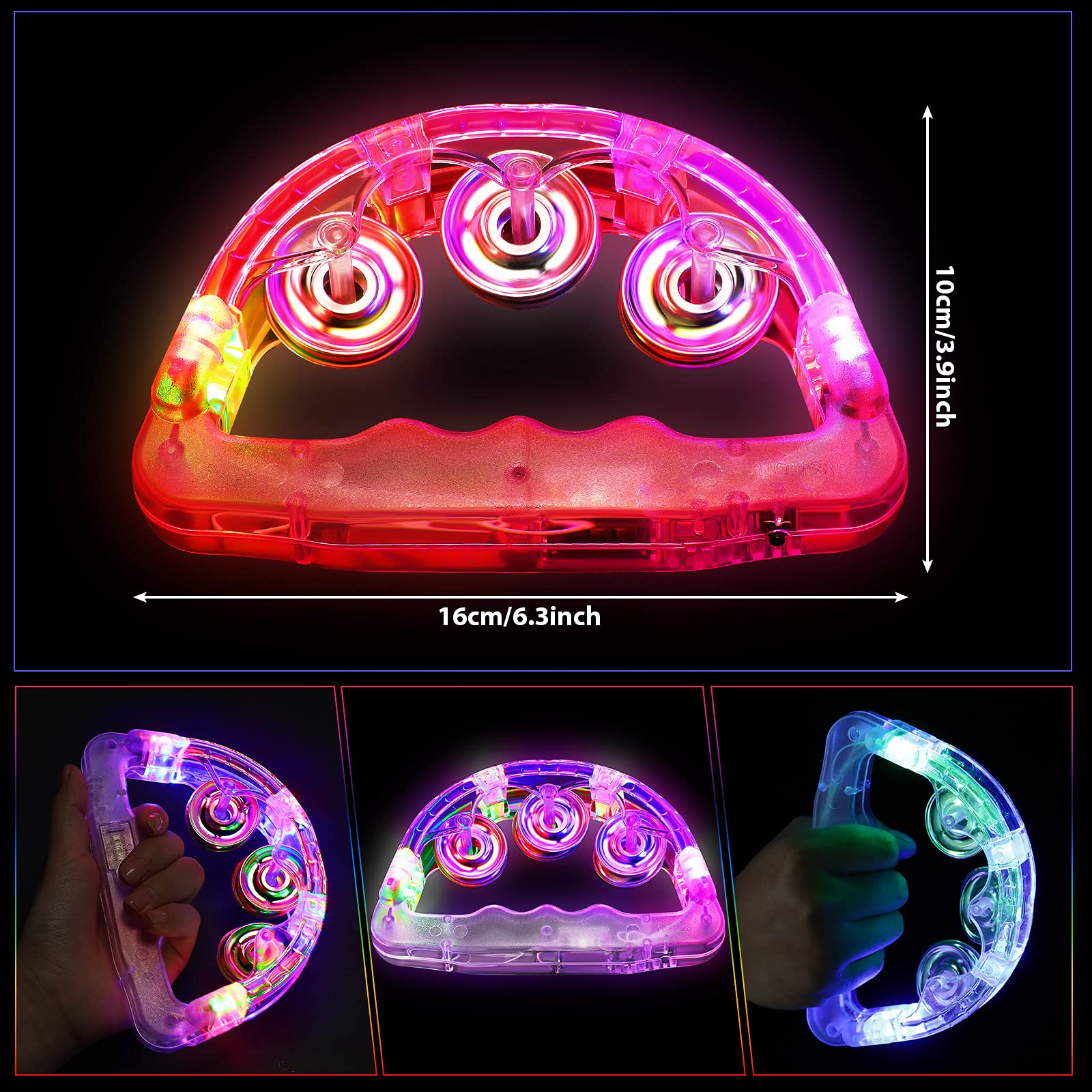 12 Pieces Light Up Tambourine LED Flashing Tambourine Musical Flashing Tambourine Handheld Percussion Instrument Glow Tambourines for Adults Wedding Party Toys(White)