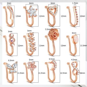 JOERICA 12Pcs Fake Nose Ring for Women Nose Cuffs Non Piercing Jewelry CZ Opal Butterfly Moon Heart Flower Clip On Nose Ring Adjustable Faux Nose Rings Set