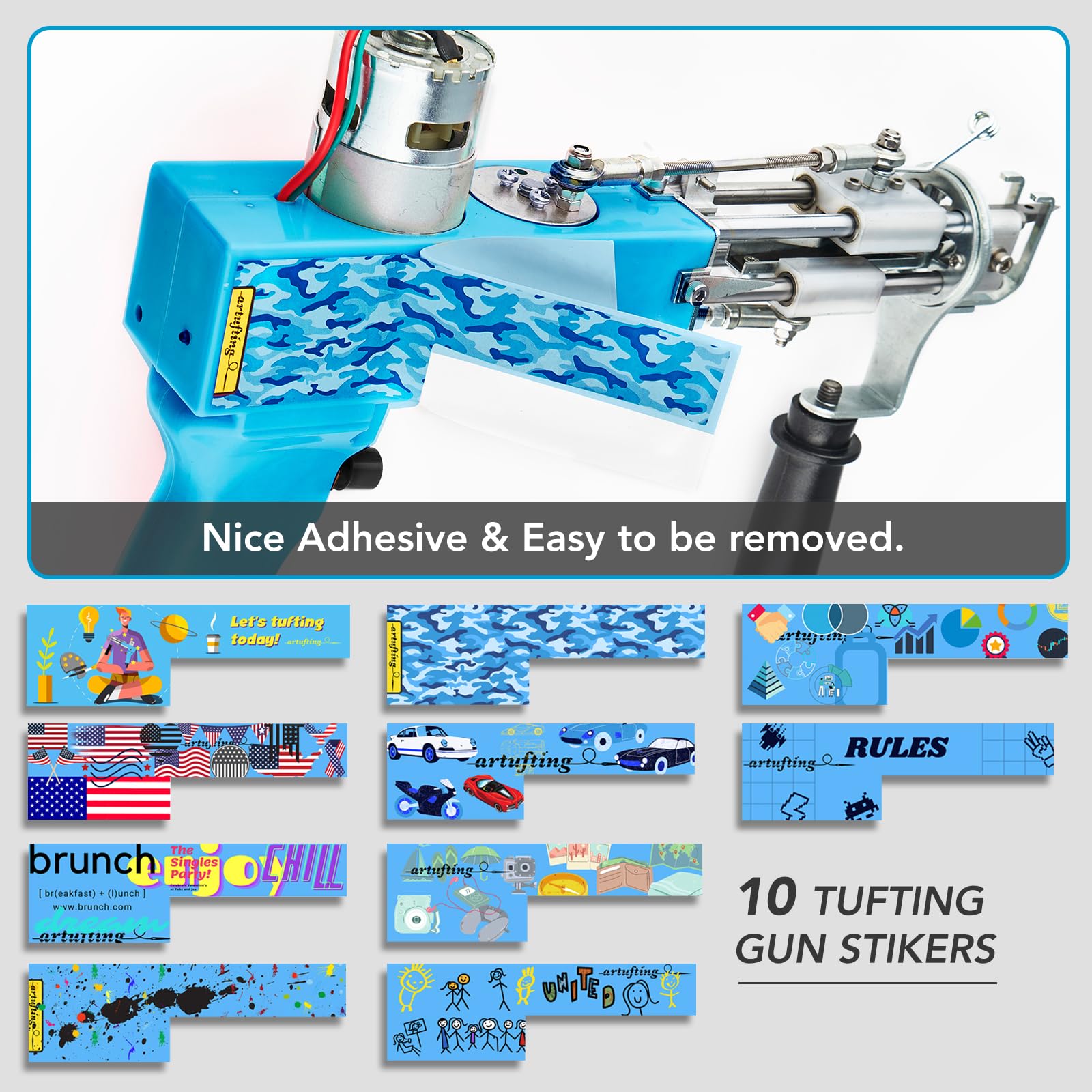 Tufting Gun 2 in 1 Cut Pile Loop Pile Rug Gun Machine Starter Kit Rug Tufting Kit Electric Tufting Gun Carpet Weaving Flocking Machine, Includes 10 Tufting Gun Skin Stickers, 100-240V (Baby Blue)