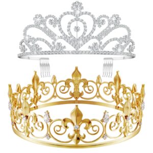 king crown 2 pcs royal king crown metal crystal tiara crown for men women bridegroom bride princess for wedding halloween (rhinestone style)