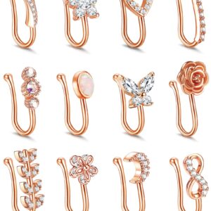 JOERICA 12Pcs Fake Nose Ring for Women Nose Cuffs Non Piercing Jewelry CZ Opal Butterfly Moon Heart Flower Clip On Nose Ring Adjustable Faux Nose Rings Set