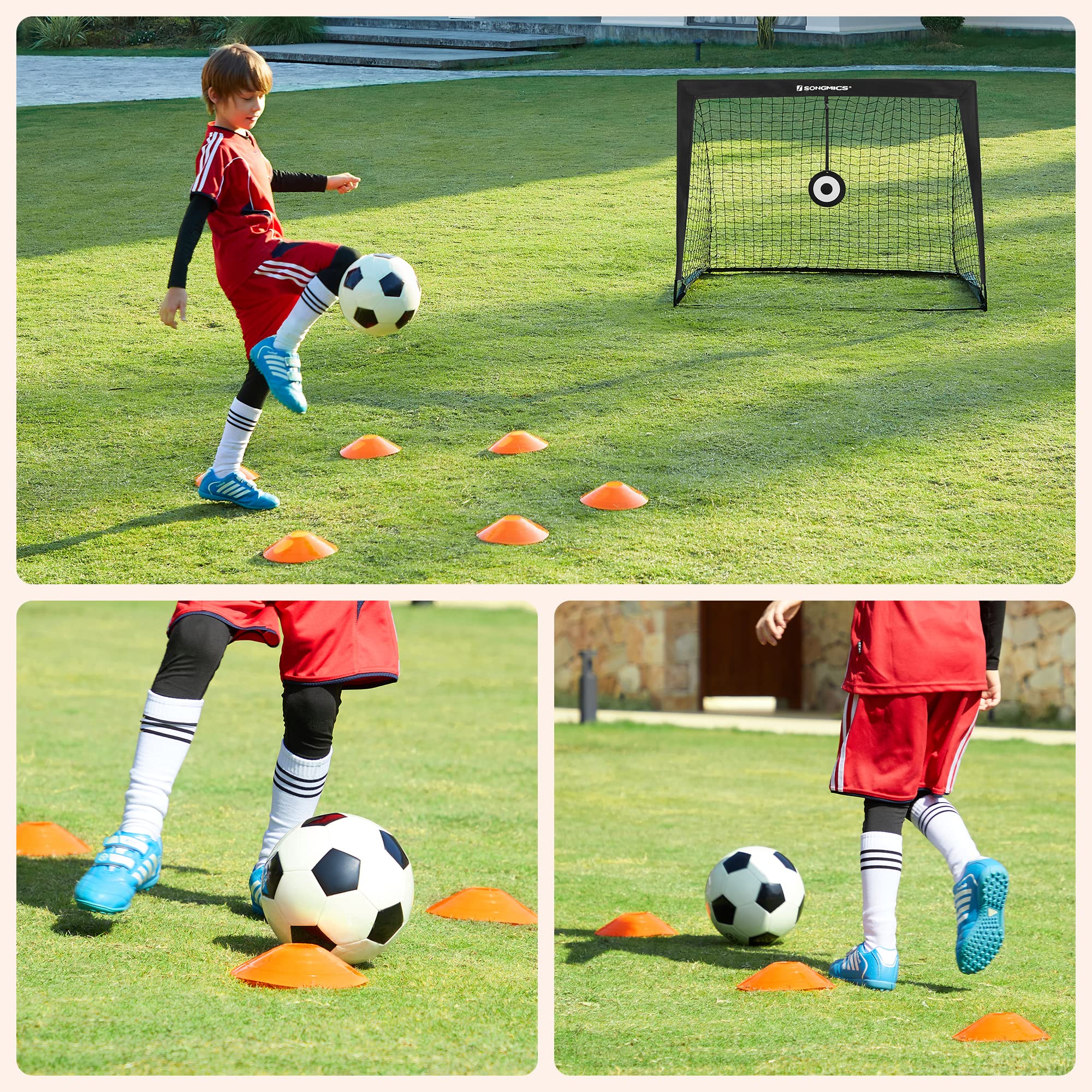 SONGMICS Kids Soccer Goals for Backyard, 4x3 ft Portable Soccer Nets Training Equipment, with Targets and Training Cones, Toddler Soccer Goal with Carrying Bag, for Field, Black USZQ422B01