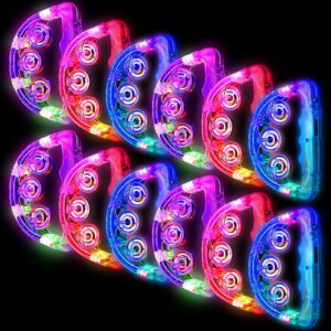 12 pieces light up tambourine led flashing tambourine musical flashing tambourine handheld percussion instrument glow tambourines for adults wedding party toys(white)