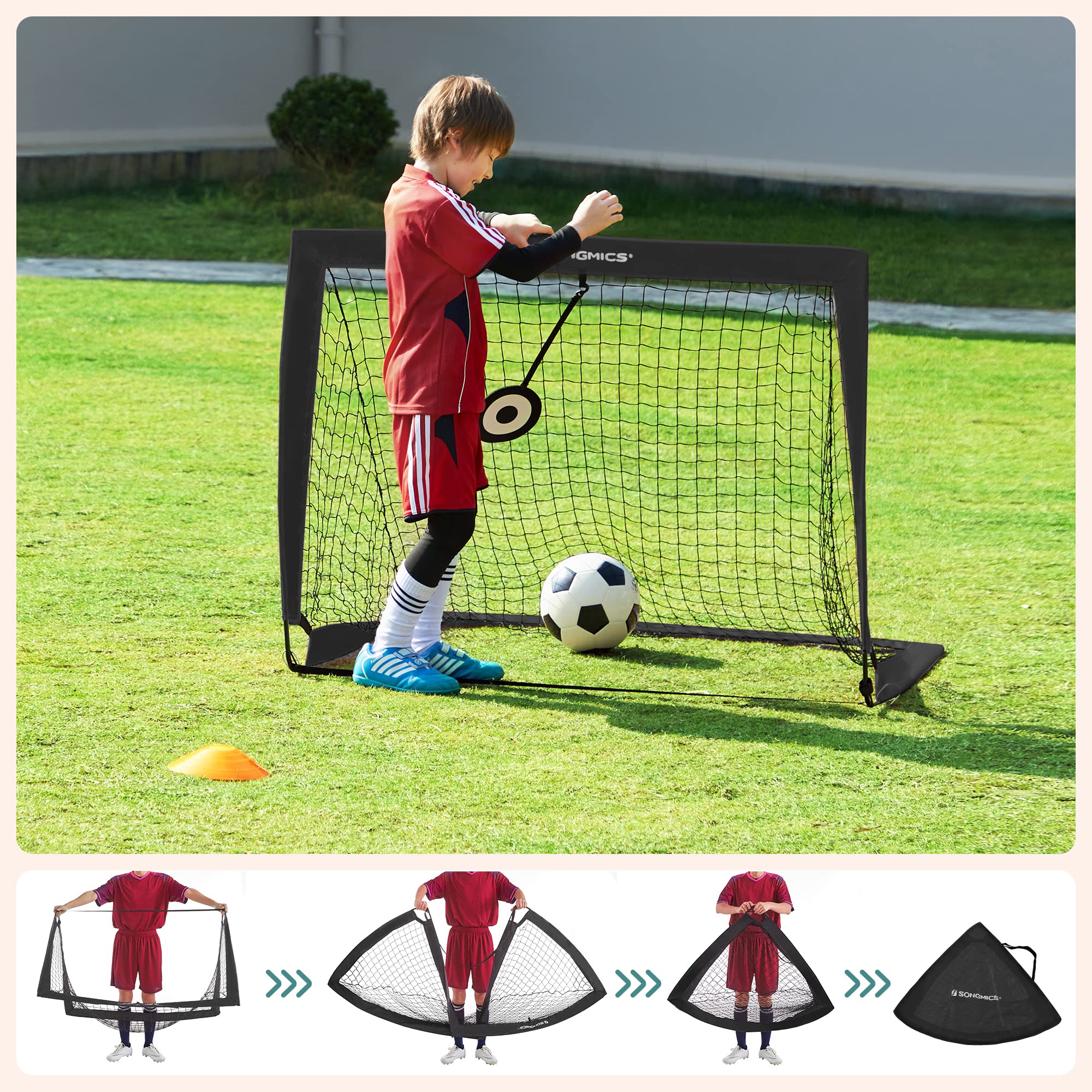 SONGMIC Portable Soccer Goal, 4x3 ft Folding Kids Soccer Net with Target and Training Cones, for Backyard, Park, Garden, Beach, Quick Assembly, Black USZQ421B01