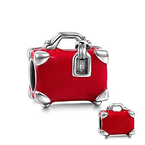 Red Suitcase Charm 925 Sterling Silver Love Travel Bead Charms for Pandora Bracelet Necklace Women Wife Mother Christmas Birthday Gift (Red Enamel Suitcase)