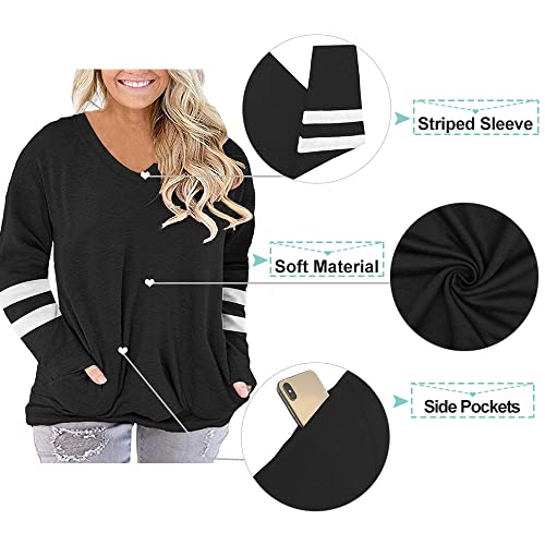 ROSRISS Plus Size Sweatshirts for Women 3X V Neck Shirts Blouses with Pockets Black 24W