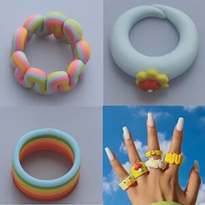 Pingyongchang 9pcs Colorful Chunky Clay Ring, Cute Animal Resin Personalized Colorful Funny Stackable Finger Rings Jewelry Gift for Women Teen Girls