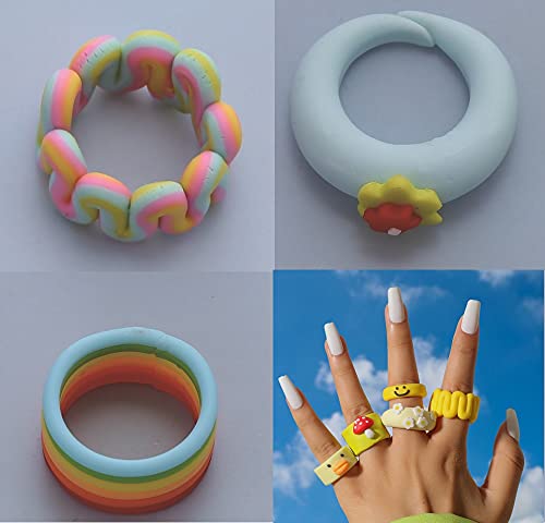 Pingyongchang 9pcs Colorful Chunky Clay Ring, Cute Animal Resin Personalized Colorful Funny Stackable Finger Rings Jewelry Gift for Women Teen Girls