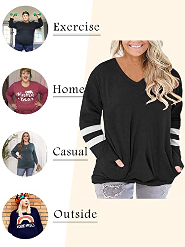 ROSRISS Plus Size Sweatshirts for Women 3X V Neck Shirts Blouses with Pockets Black 24W