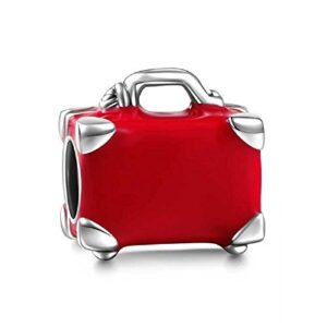 Red Suitcase Charm 925 Sterling Silver Love Travel Bead Charms for Pandora Bracelet Necklace Women Wife Mother Christmas Birthday Gift (Red Enamel Suitcase)