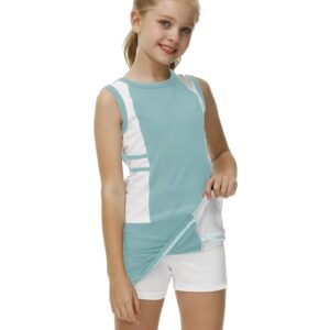 Girls Tennis Athletic Outfit Set Sports Color Block Casual Tank Top Golf Skirt Built in Shorts Light Green 6-7 Years