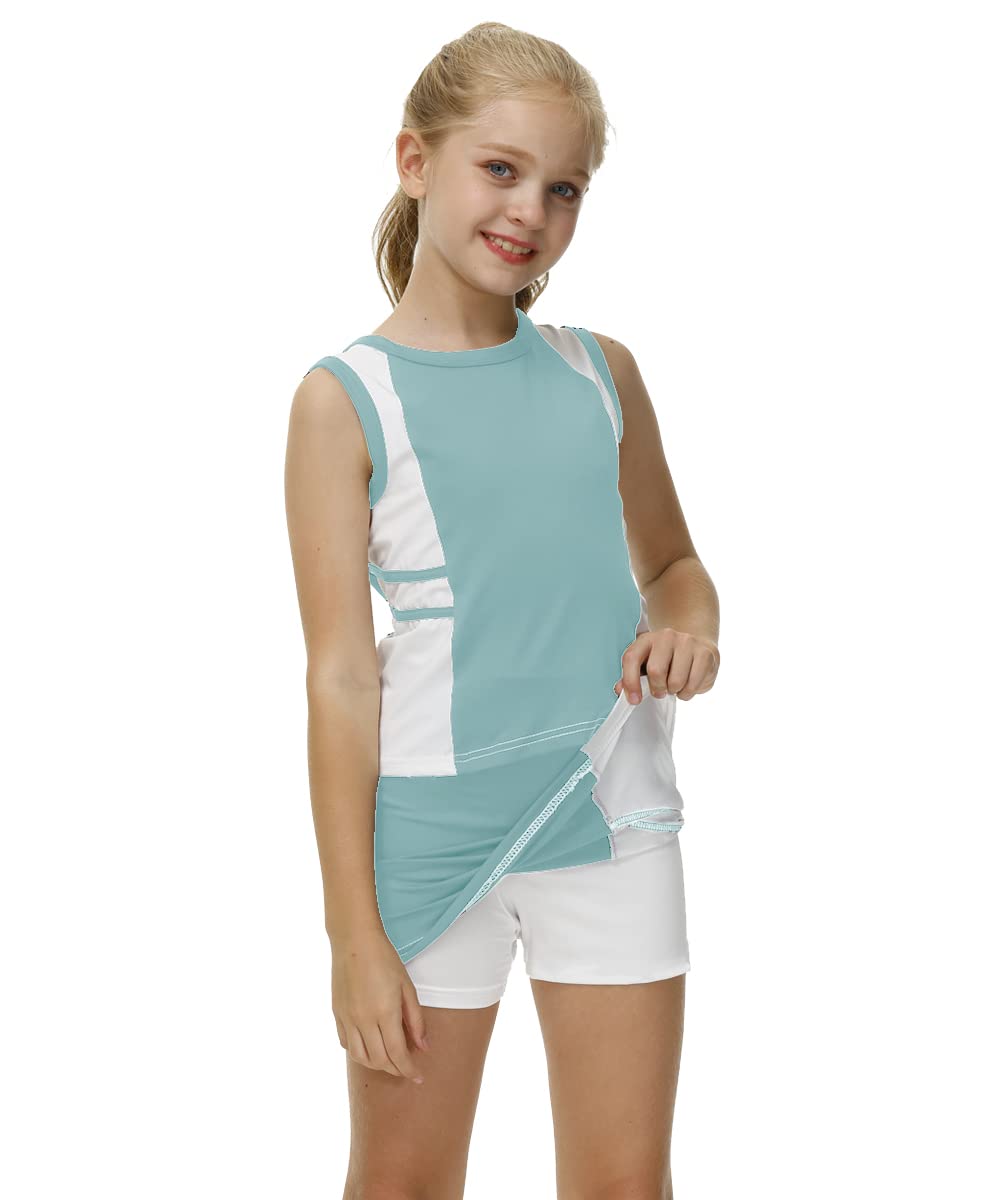 Girls Tennis Athletic Outfit Set Sports Color Block Casual Tank Top Golf Skirt Built in Shorts Light Green 6-7 Years