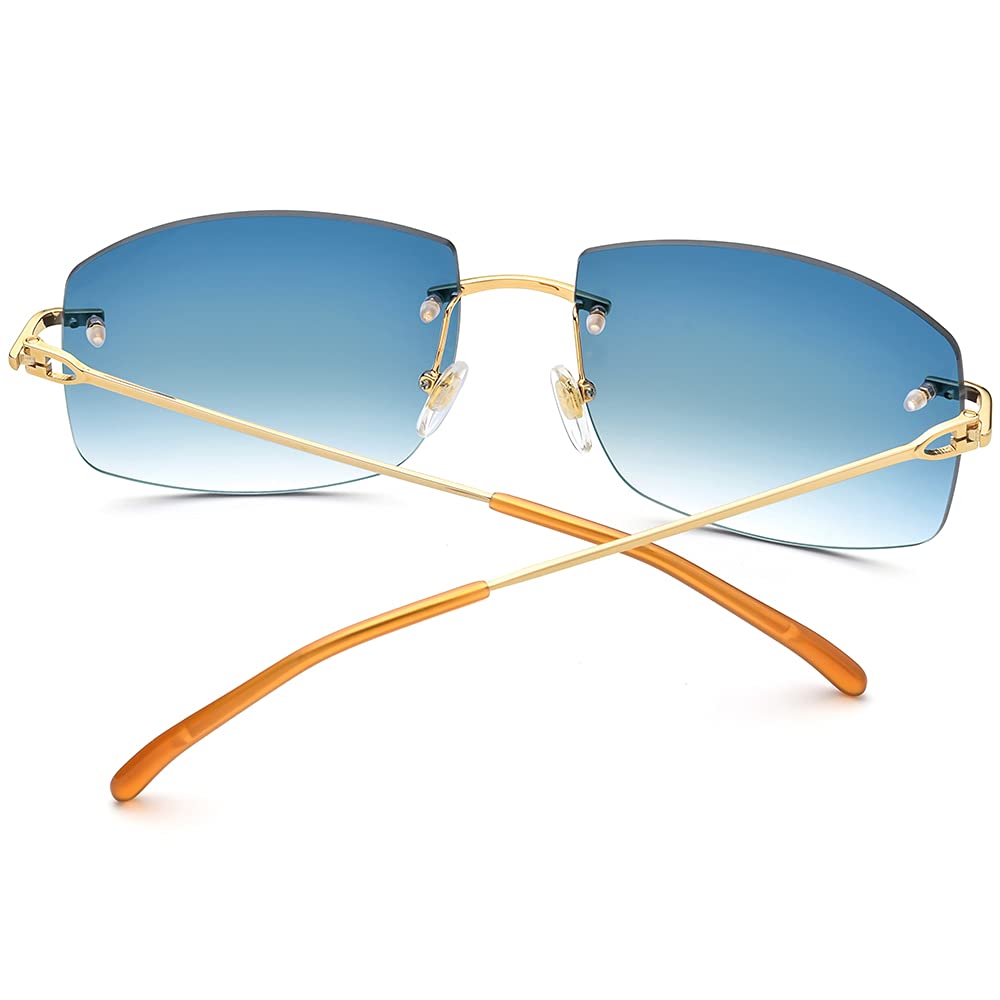 HEPIDEM Rimless Rectangle UV400 Oversize Square Sunglasses for Men with Nylon Lens (50248 Gold Frame Gradient Blue Lens)