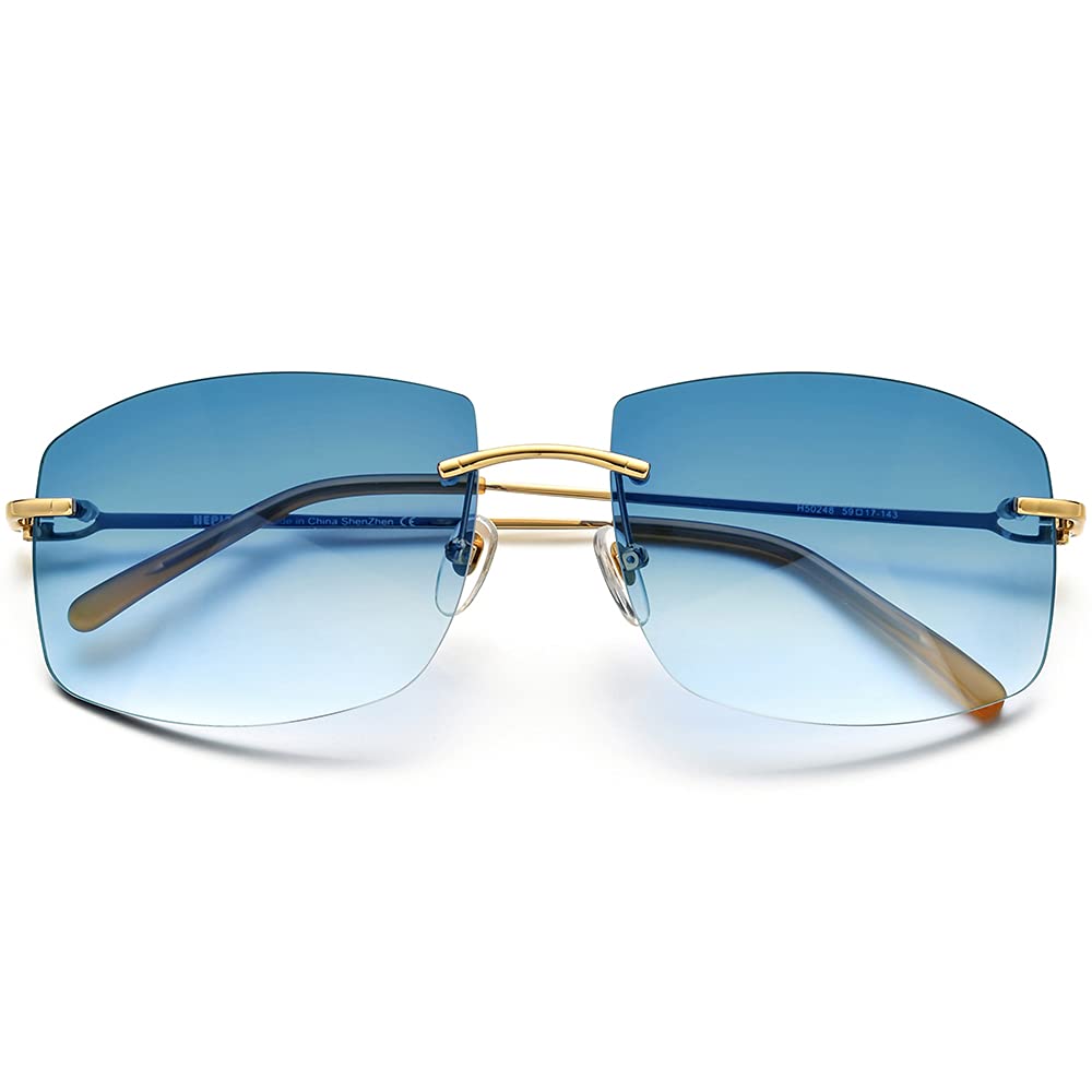 HEPIDEM Rimless Rectangle UV400 Oversize Square Sunglasses for Men with Nylon Lens (50248 Gold Frame Gradient Blue Lens)