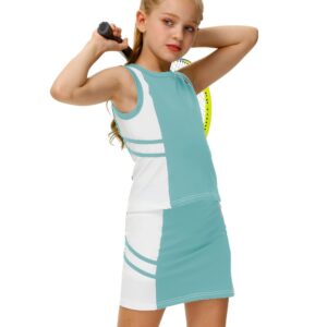 Girls Tennis Athletic Outfit Set Sports Color Block Casual Tank Top Golf Skirt Built in Shorts Light Green 6-7 Years