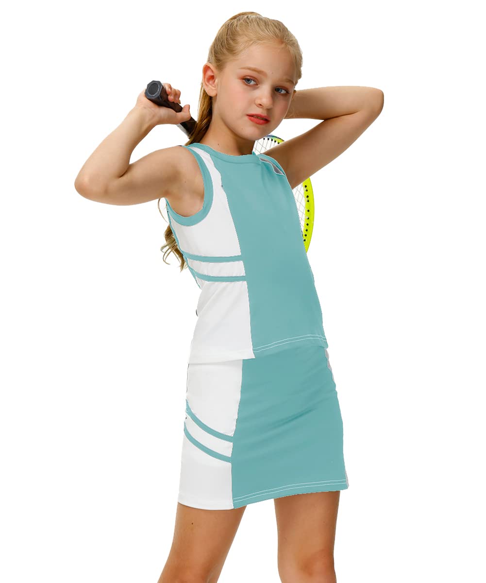 Girls Tennis Athletic Outfit Set Sports Color Block Casual Tank Top Golf Skirt Built in Shorts Light Green 6-7 Years