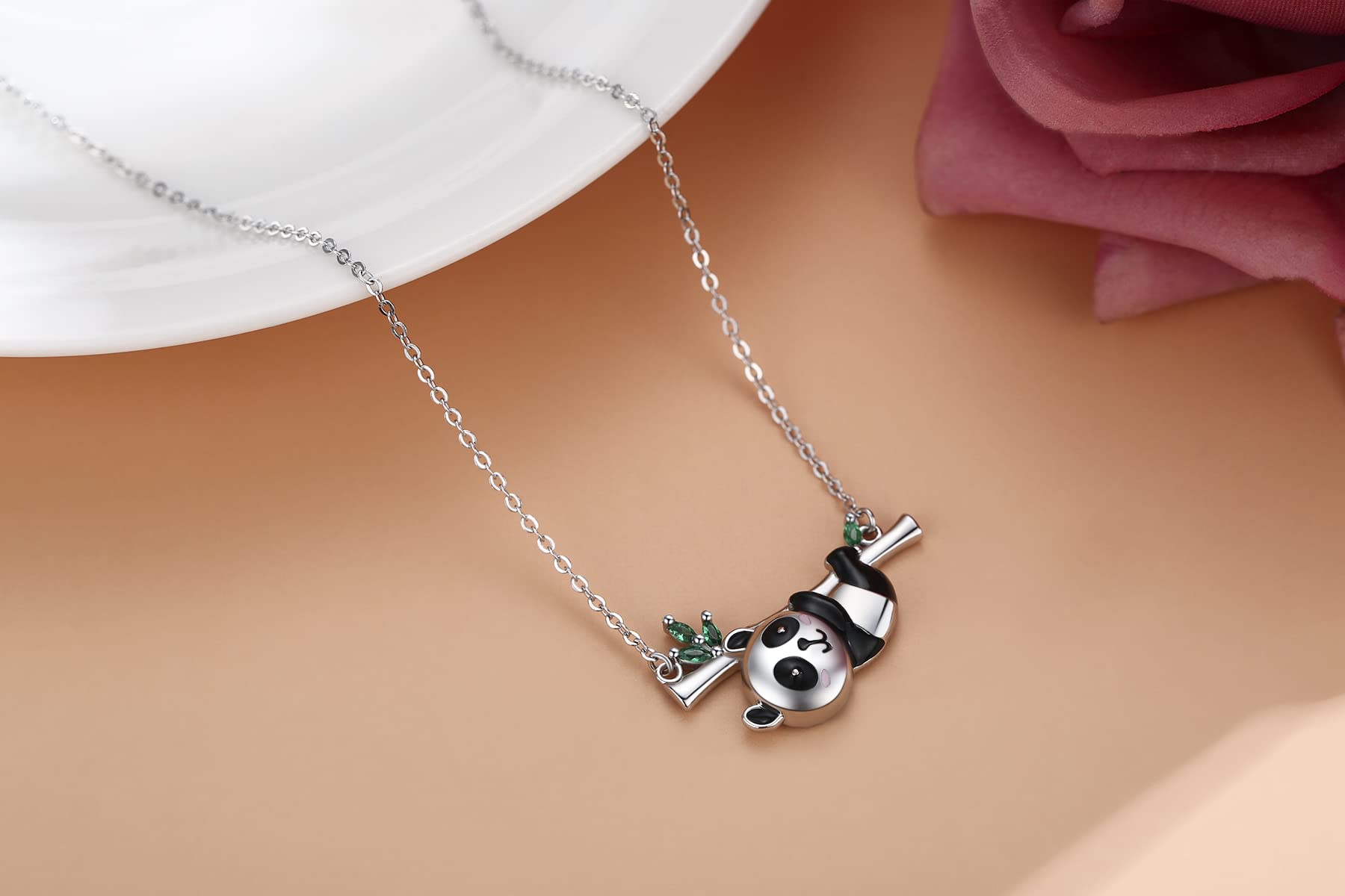 lotus & leaf Panda Necklace 925 Sterling Silver Animal Pendant Panda Gifts for Women