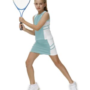 Girls Tennis Athletic Outfit Set Sports Color Block Casual Tank Top Golf Skirt Built in Shorts Light Green 6-7 Years