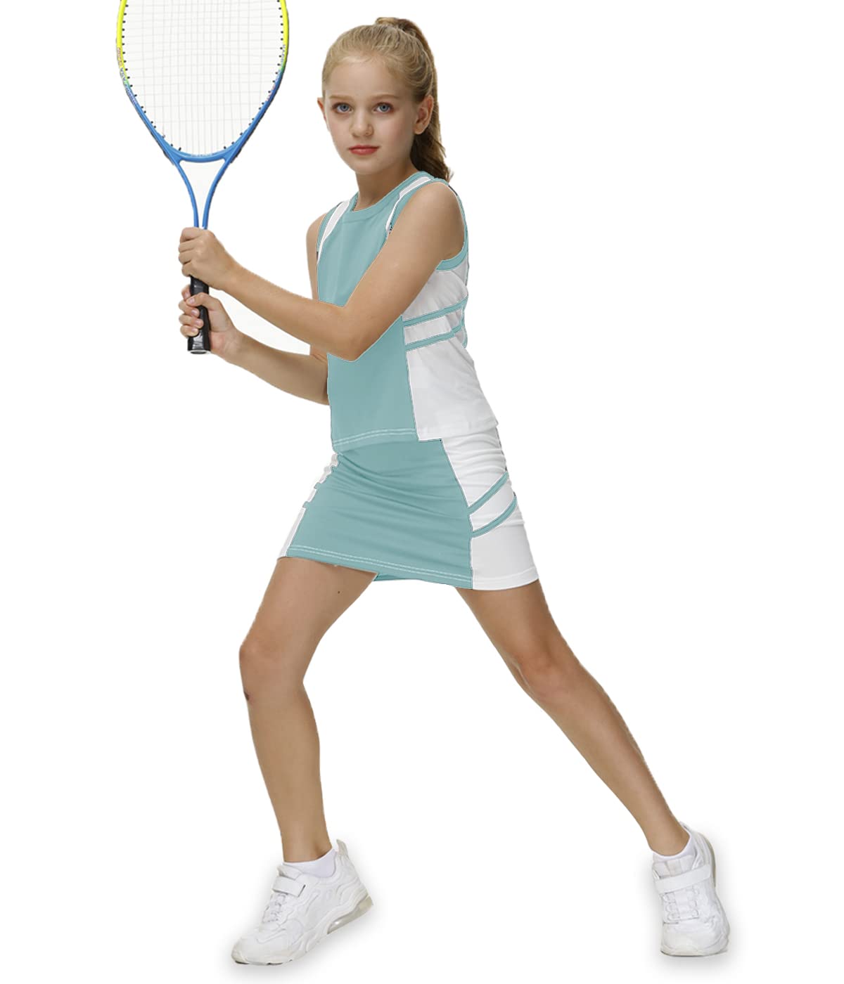 Girls Tennis Athletic Outfit Set Sports Color Block Casual Tank Top Golf Skirt Built in Shorts Light Green 6-7 Years