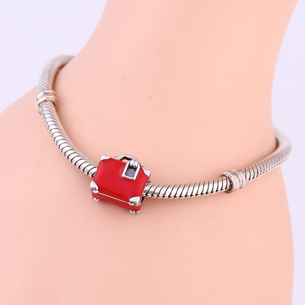 Red Suitcase Charm 925 Sterling Silver Love Travel Bead Charms for Pandora Bracelet Necklace Women Wife Mother Christmas Birthday Gift (Red Enamel Suitcase)