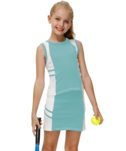 girls tennis athletic outfit set sports color block casual tank top golf skirt built in shorts light green 6-7 years