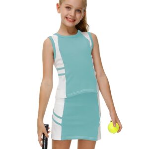 Girls Tennis Athletic Outfit Set Sports Color Block Casual Tank Top Golf Skirt Built in Shorts Light Green 6-7 Years