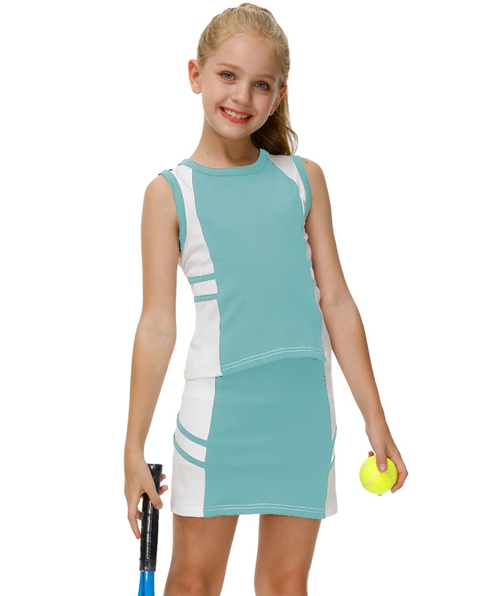 Girls Tennis Athletic Outfit Set Sports Color Block Casual Tank Top Golf Skirt Built in Shorts Light Green 6-7 Years