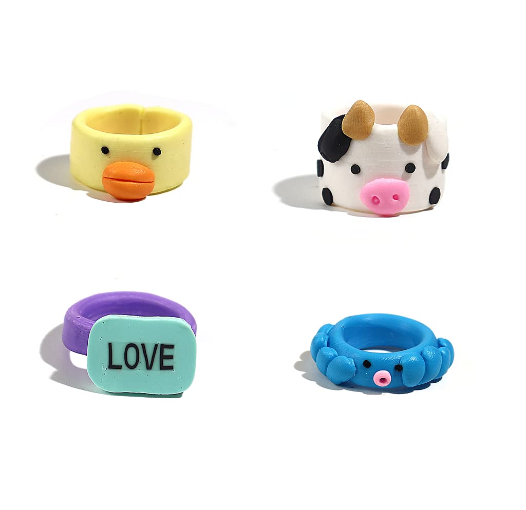 Pingyongchang 9pcs Colorful Chunky Clay Ring, Cute Animal Resin Personalized Colorful Funny Stackable Finger Rings Jewelry Gift for Women Teen Girls